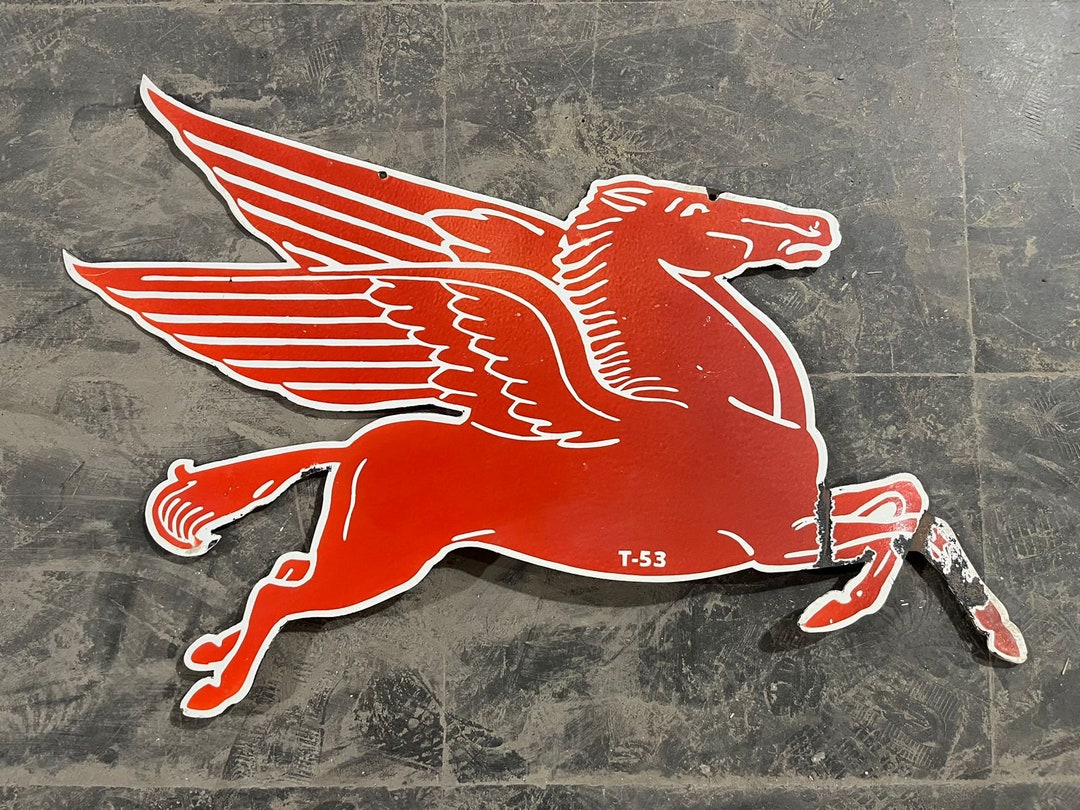 Vintage Mobil Flying Red Horse Pegasus Rusted Gas & Oil Porcelain Sign ...