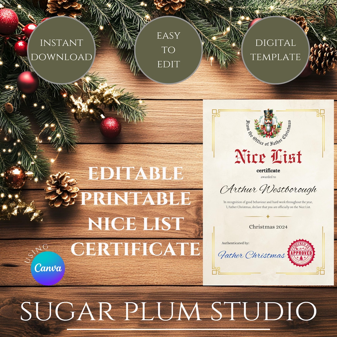 Editable Printable Nice List Certificate Digital Template Personalised ...