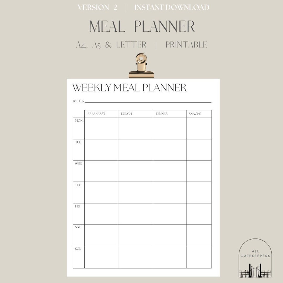 Weekly Meal Planner || Printable Planner || Instant Download || A4/a5 ...