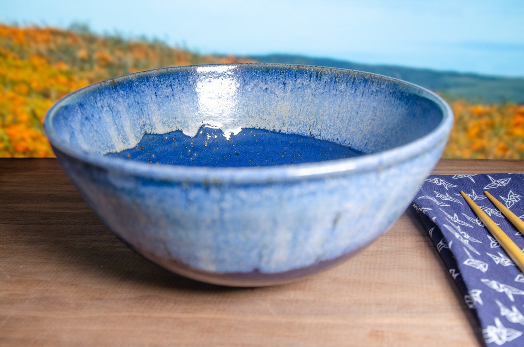 Blue Drip Glaze Ceramic Serving Bowl – Wheel-thrown Stoneware Salad ...