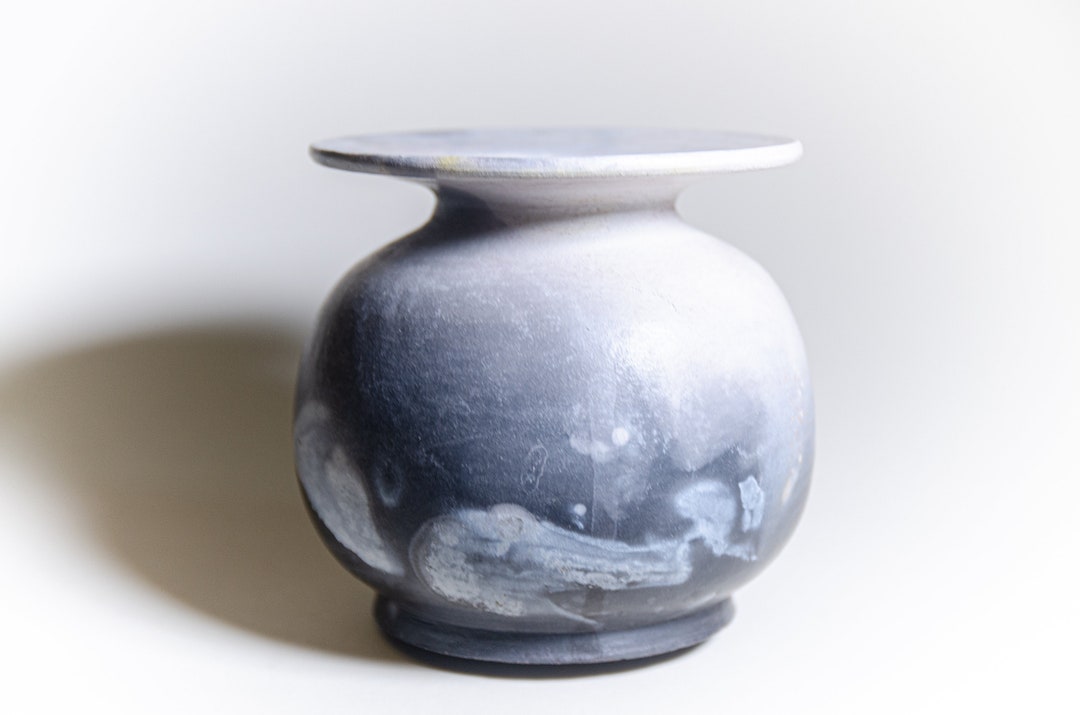 Large Sphere Raku Vase – Wheel-thrown Black & White Fine Art, Wide Rim ...