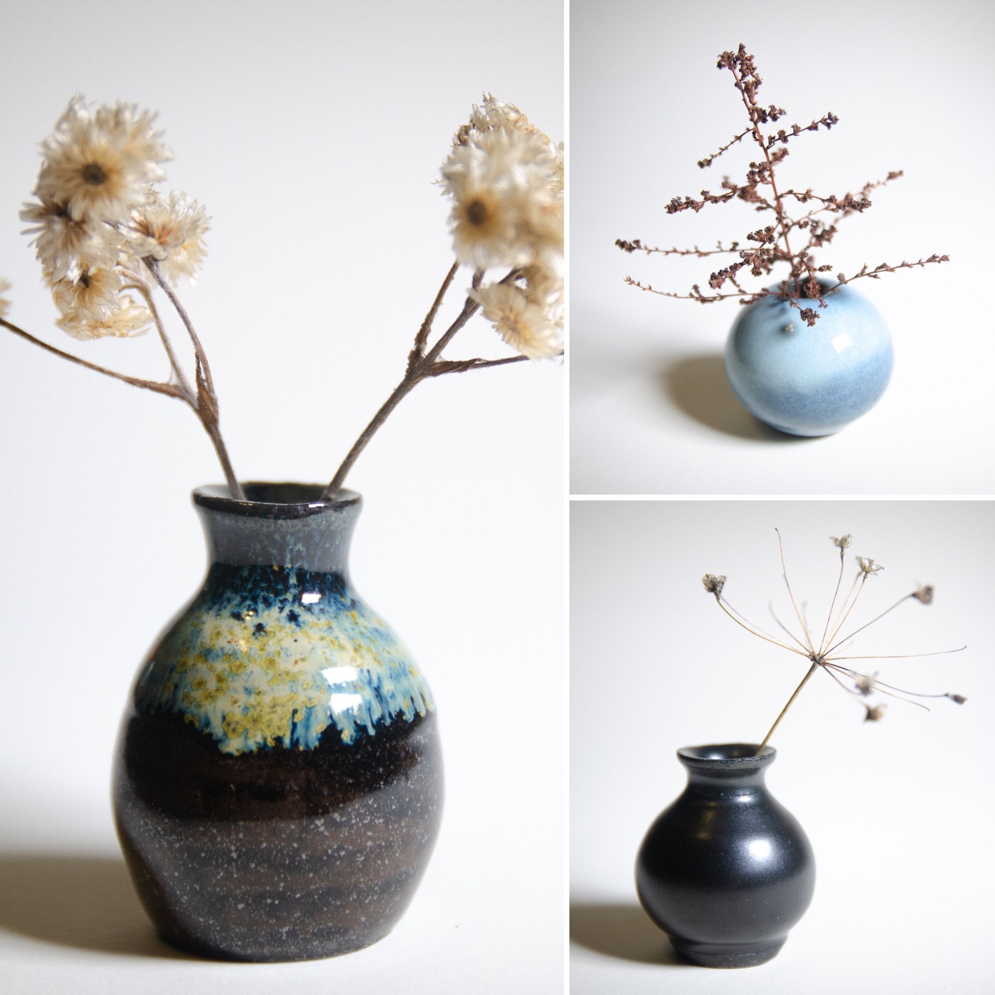 Little Ceramic Vases – Handmade Wheel-thrown Mini Blue and Black Jars ...