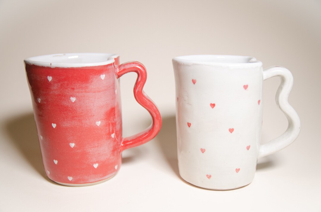 Set of Heart-shaped Ceramic Mugs – Wheel-thrown Heart Cups, Tall ...