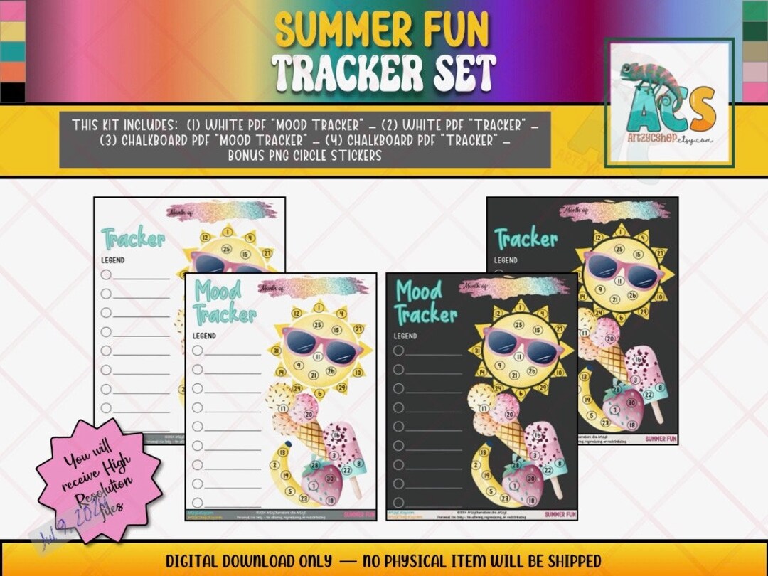 Mood Trackers, Blank Trackers, PDF Files, Bonus Stickers, Summer ...