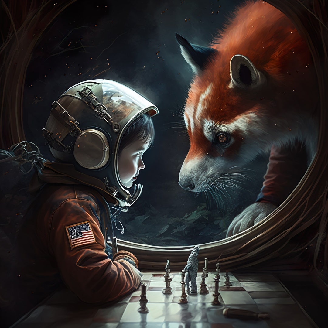 Young Boy Playing Chess With Red Panda in Space - Etsy