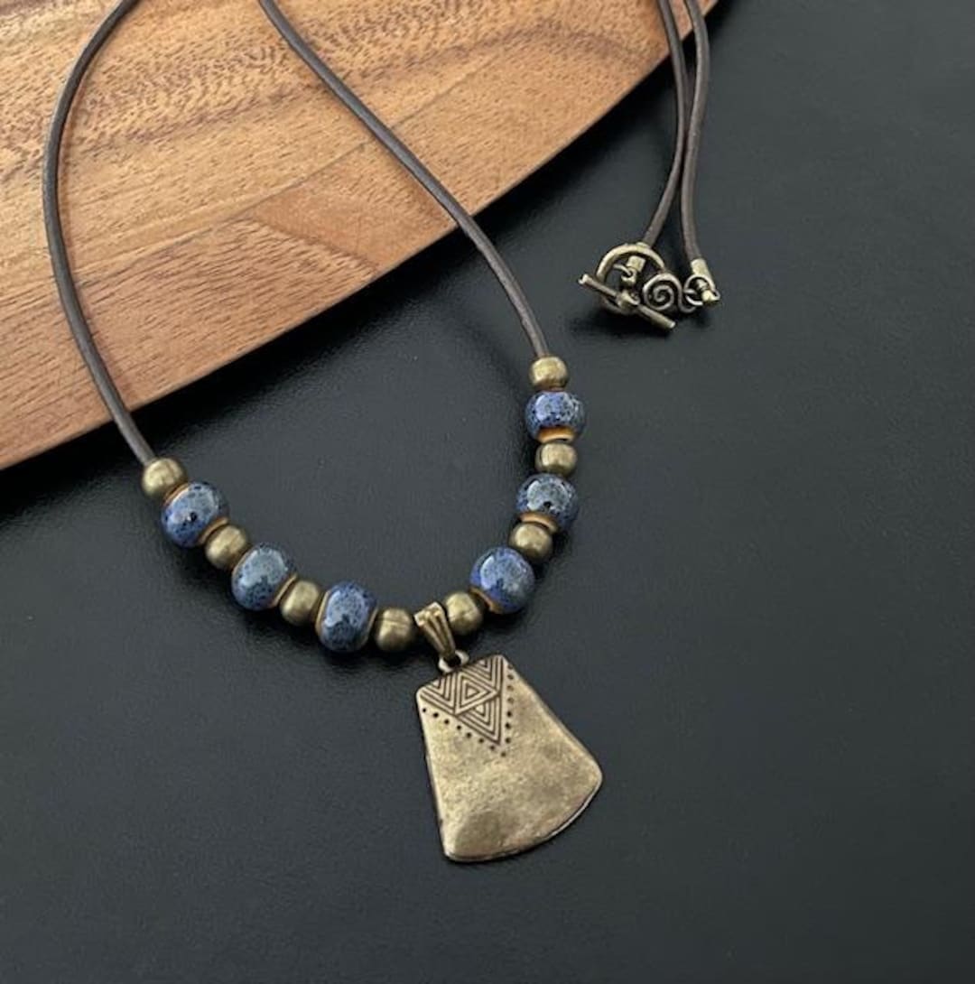 Boho Necklaces, Leather Ethnic Necklaces, Long Beaded Necklaces, Blue ...