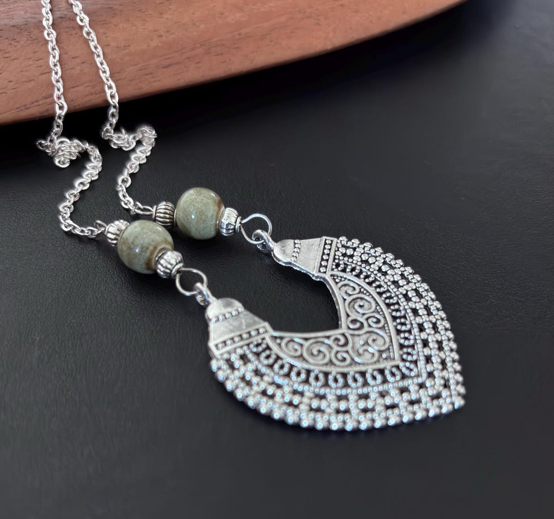 Boho Necklace, Women's Long Necklaces, Silver Ethnic Necklace, Ceramic ...