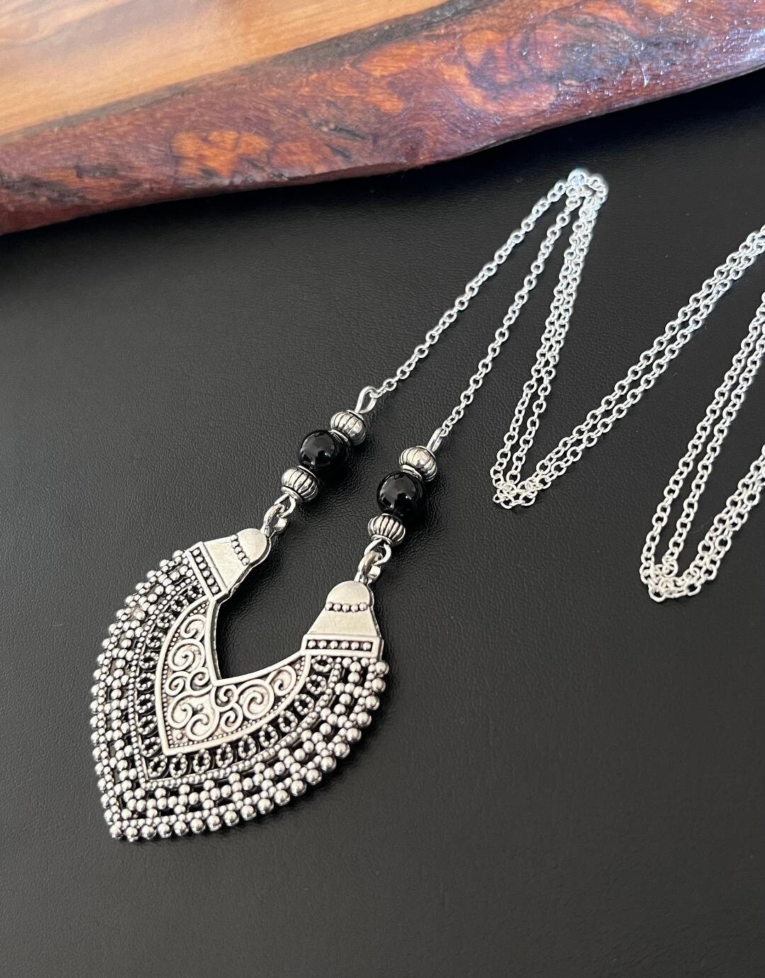 Boho Necklace, Women's Long Necklaces, Silver Ethnic Necklace,black ...