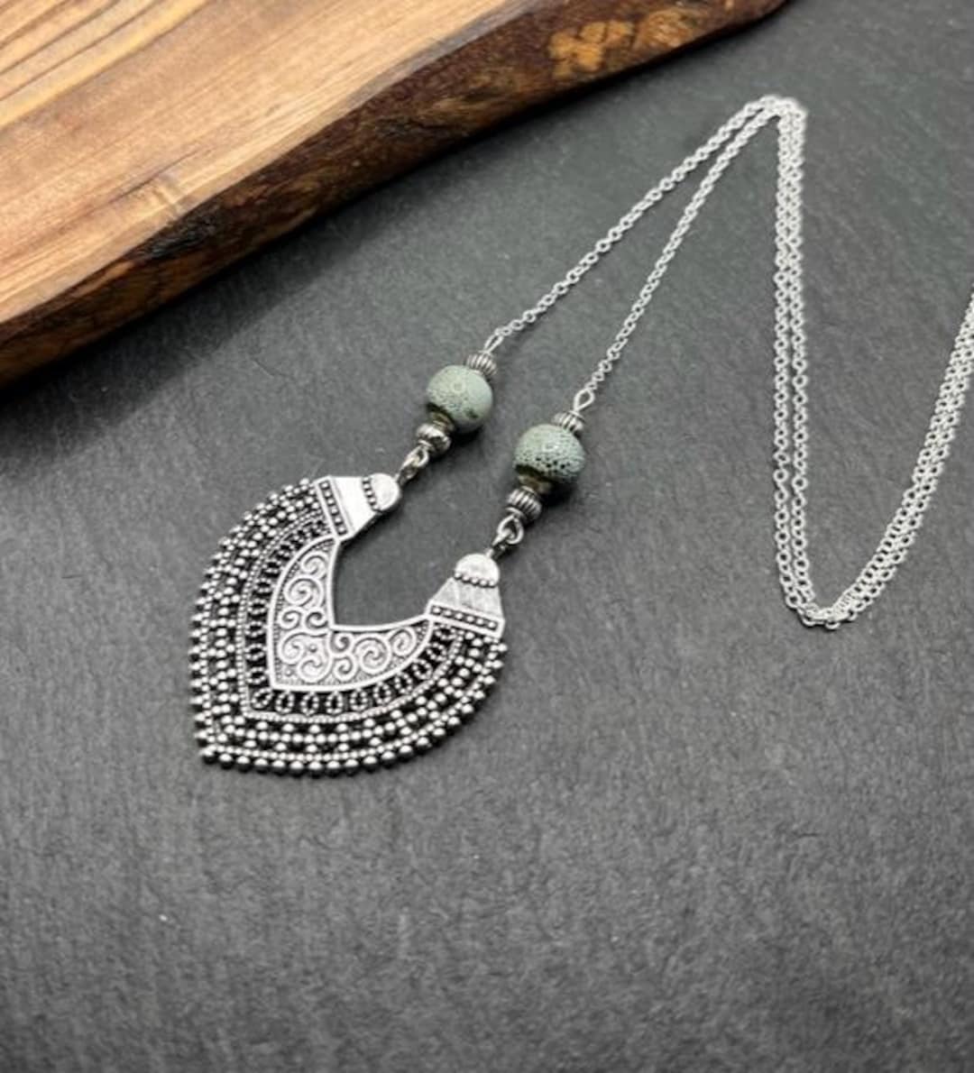 Boho Necklace, Women's Long Necklaces, Silver Ethnic Necklace, Ceramic ...