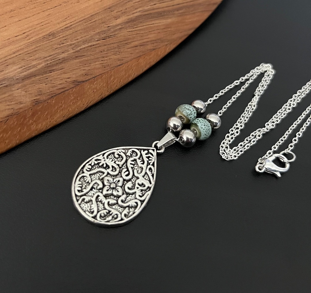 Boho Necklace for Women, Floral Necklace, Bohemian Teardrop Silver ...