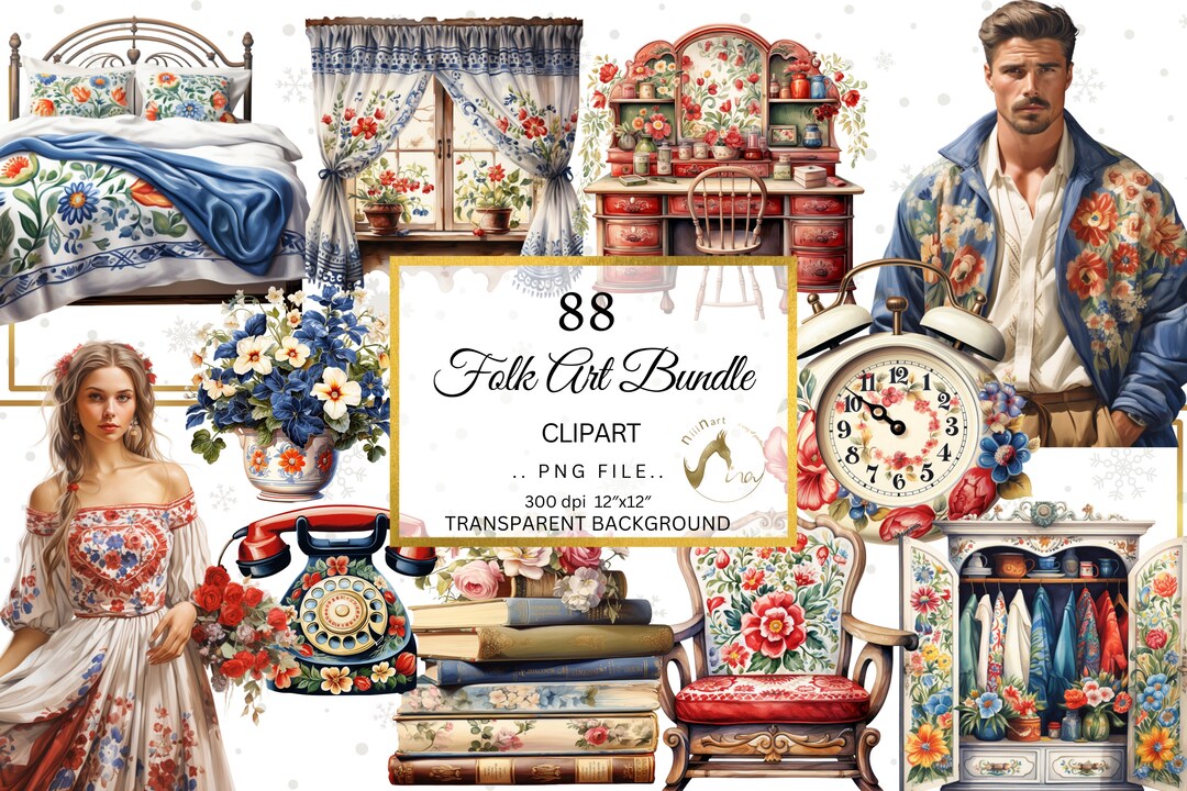 Folk Art Clipart Bundle, Folk Art Floral Clipart PNG, Folk Clipart ...
