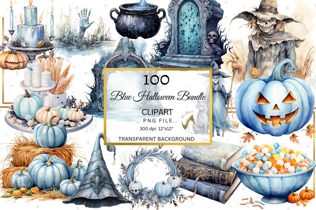 Blue Halloween Themed Clipart Bundle, Blue Gothic Clip Art, Witchy Set ...
