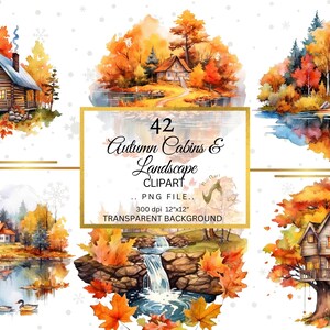 Watercolor Fall Cabin Clipart Autumn Cabin Clipart Autumn Leaves PNG ...