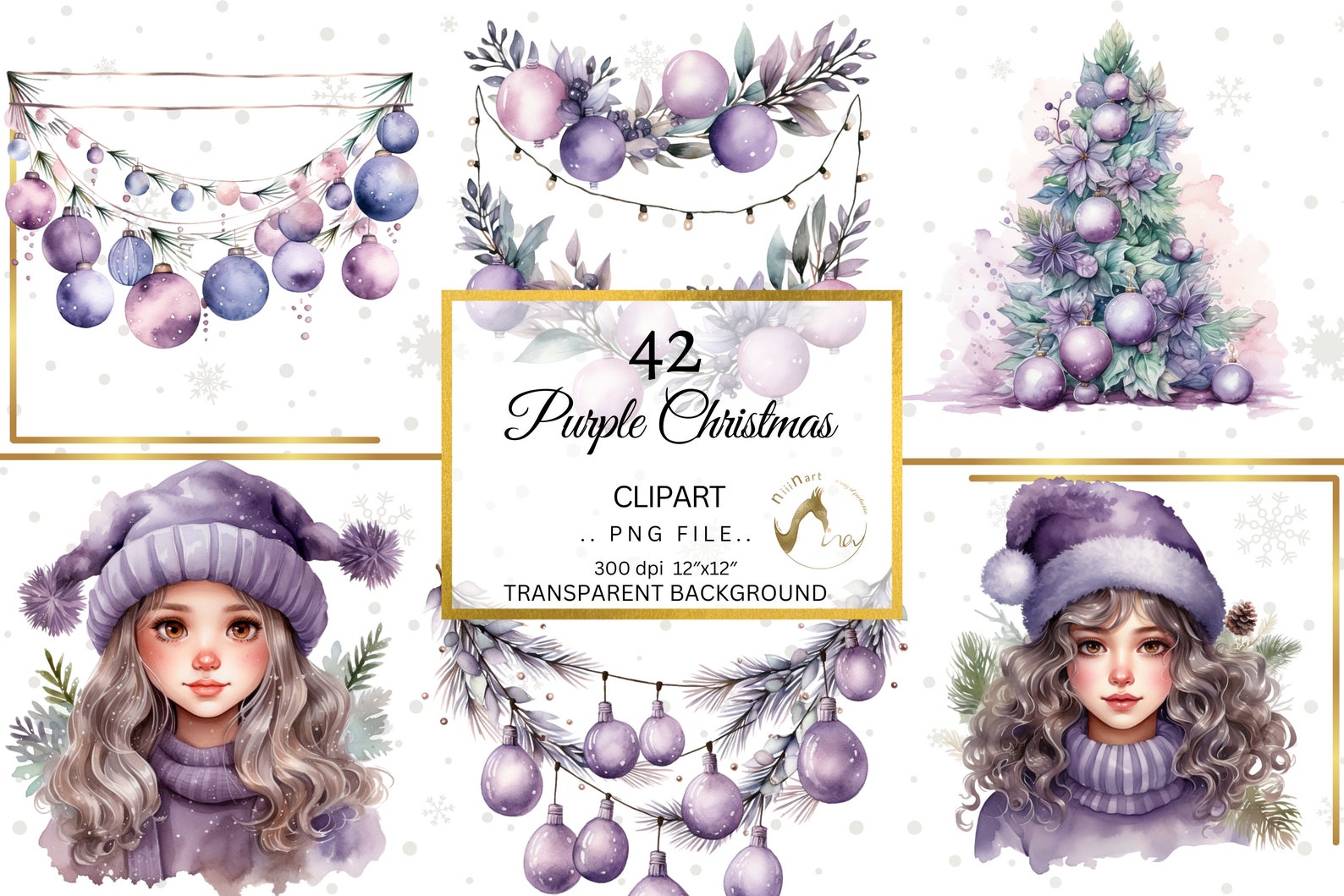 Watercolor Purple Christmas Clipart Bundle (PNG) - Etsy