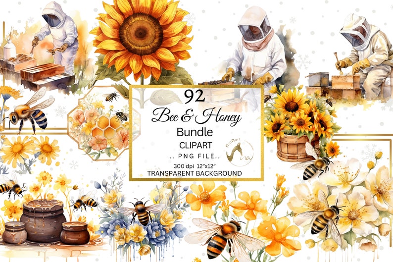 Watercolor Bees & Honey Clipart Bundle, Garden Bees and Honeycomb Clip ...