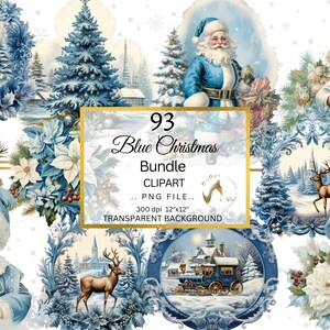 Watercolor Blue Christmas Clipart PNG Bundle, Blue Winter Christmas ...