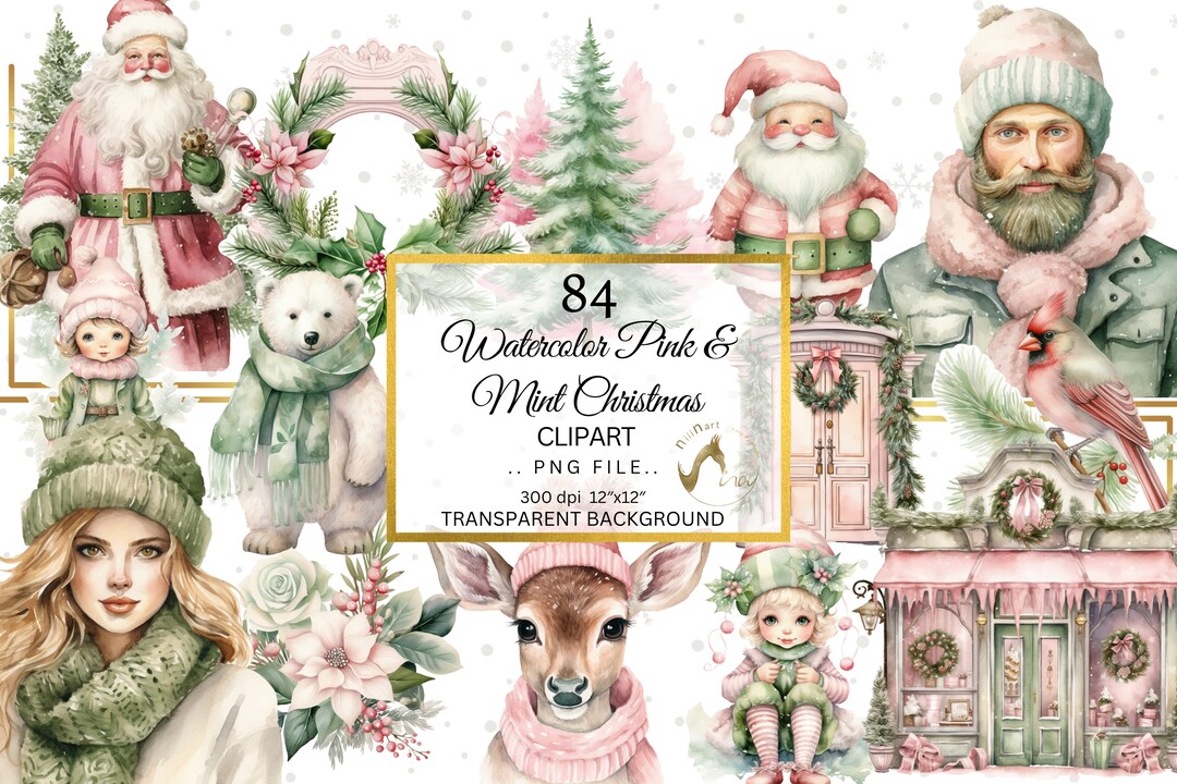 Watercolor Pink Christmas Clipart PNG Bundle, Baby Pink Winter ...