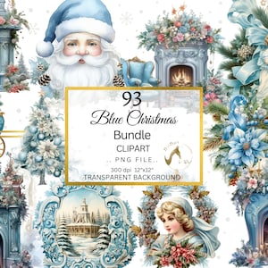 Watercolor Blue Christmas Clipart PNG Bundle, Blue Winter Christmas ...