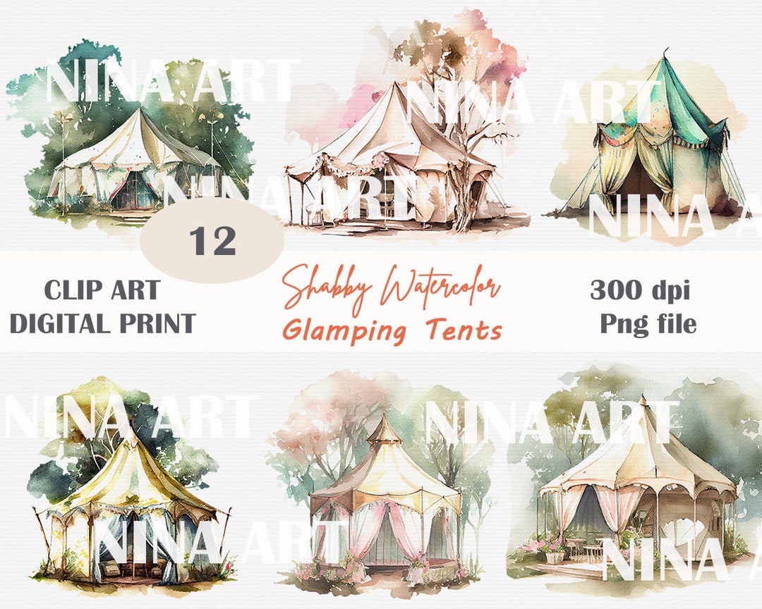 Shabby Chic Glamping Tents Watercolor Clipart, Vintage Luxury Camping ...