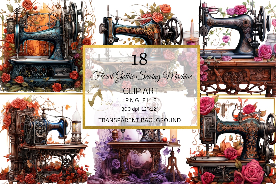 Gothic Roses Sewing Machine Clipart, Floral Watercolor PNG (digital ...