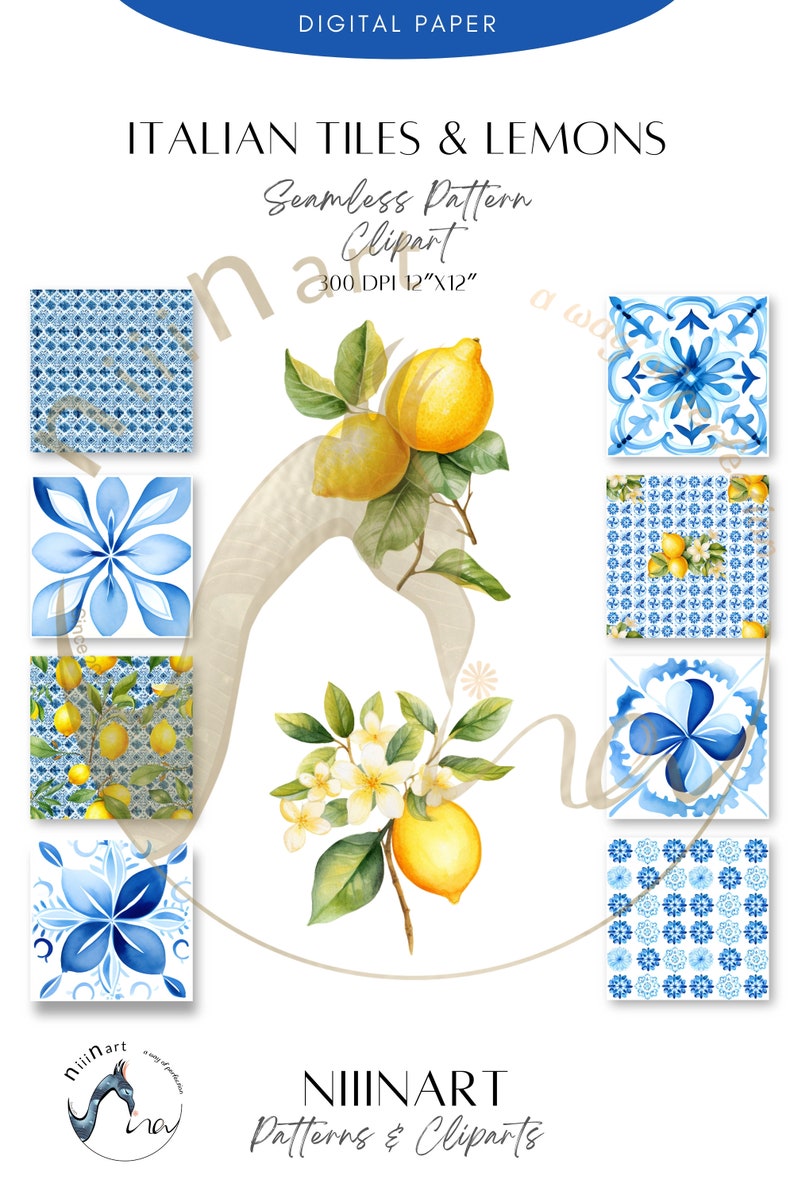 Watercolor Italian Tile and Lemon Clipart, Seamless Paper (digital ...