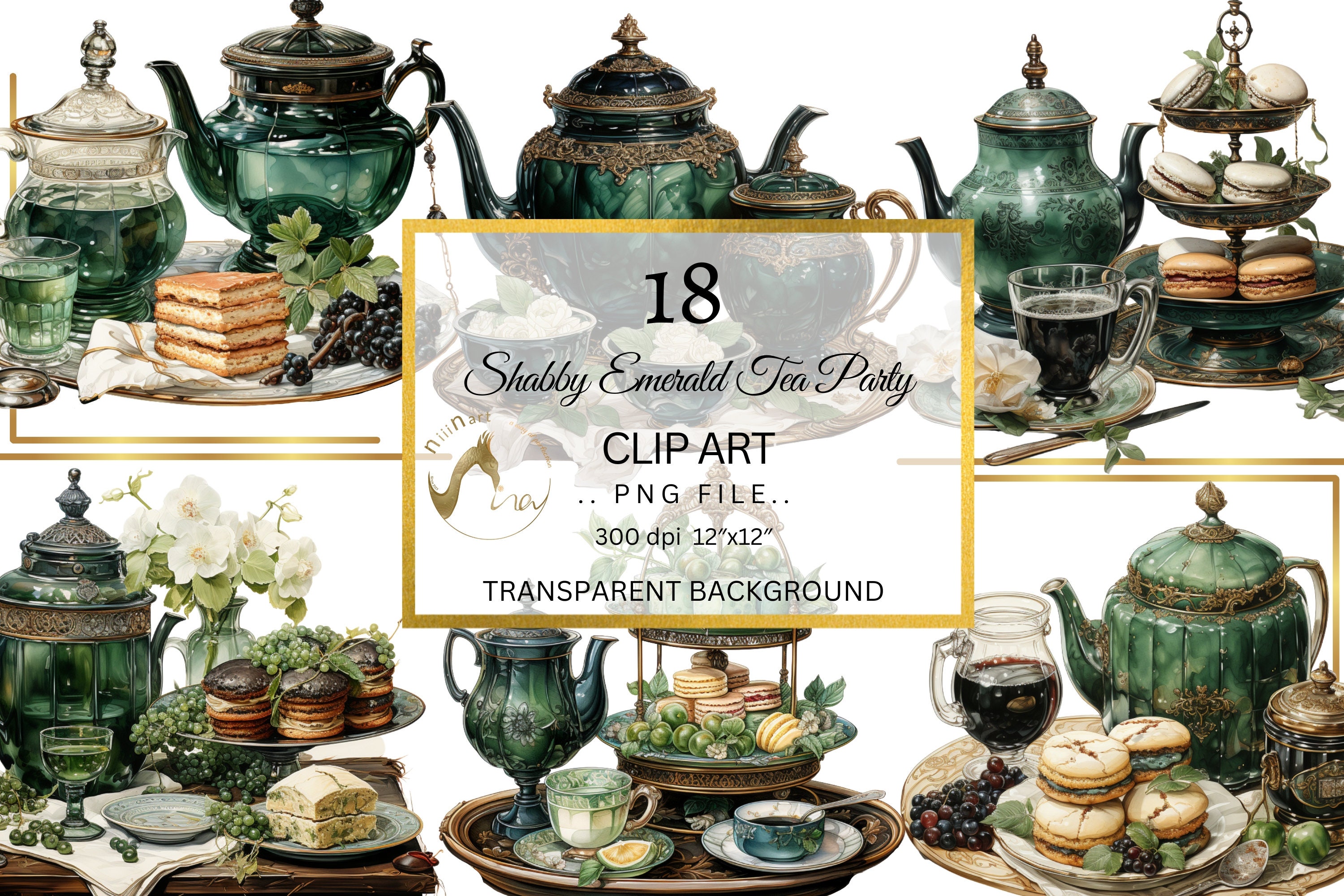 Emerald Tea Party Clipart, Shabby Chic Teapot Set (digital Download) - Etsy