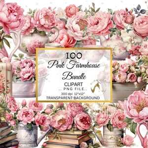 Watercolor Pink Farmhouse Floral Clipart Bundle, Rustic Chic Clipart ...