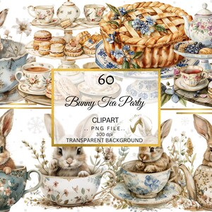 Watercolor Vintage Floral Tea Time Clipart, Cute Bunny Clipart, Tea ...