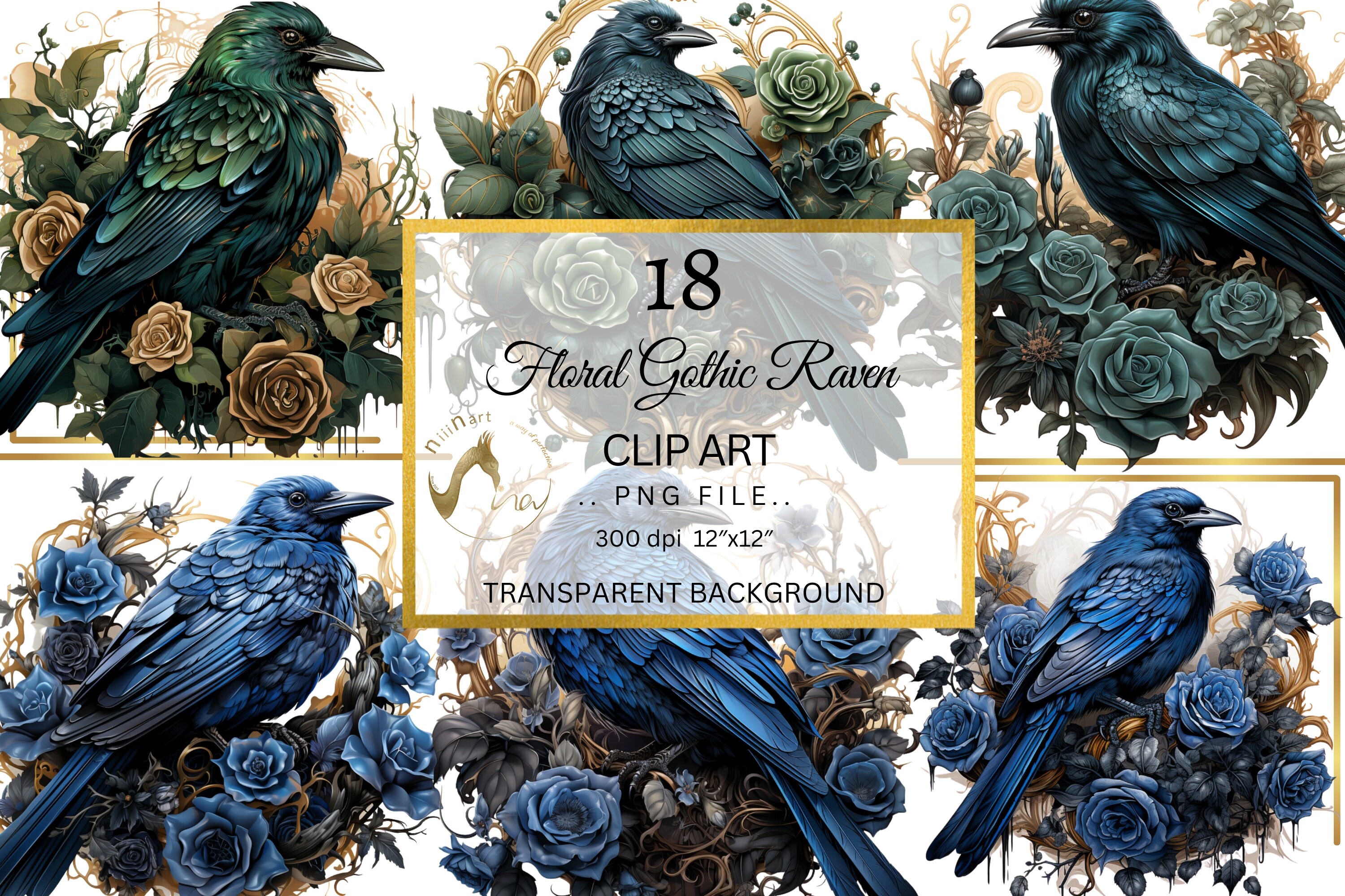 Halloween Raven Clipart Floral Gothic Roses Emerald Clipart - Etsy