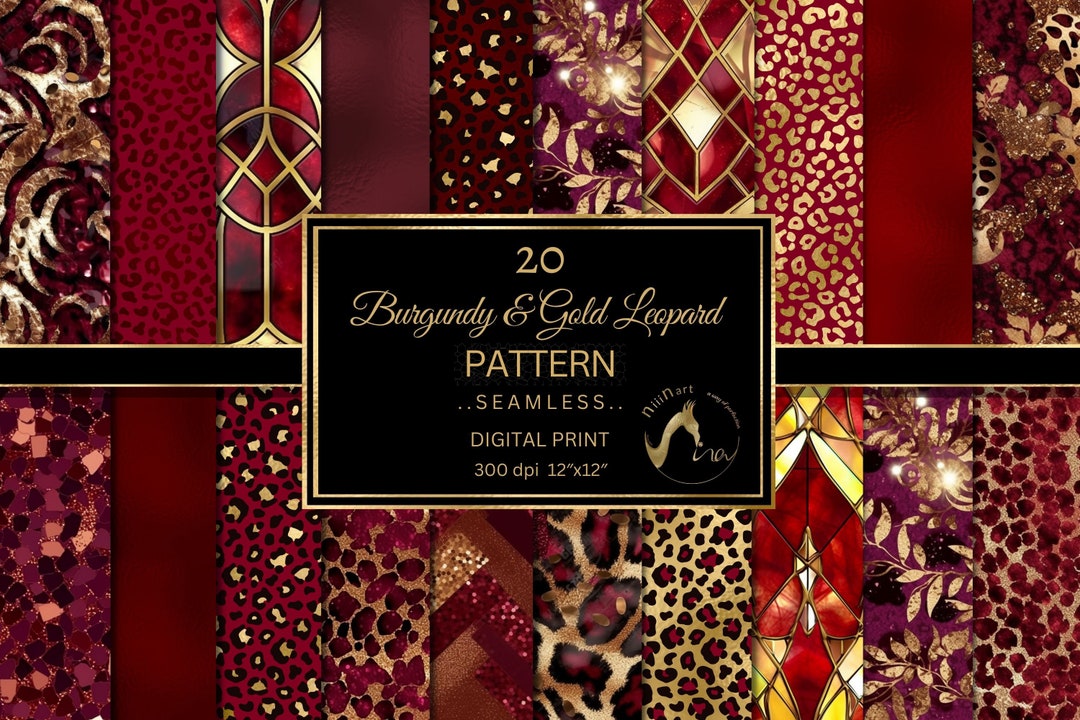 Burgundy and Gold Leopard Digital Paper, Seamless Cheetah Skin Pattern ...