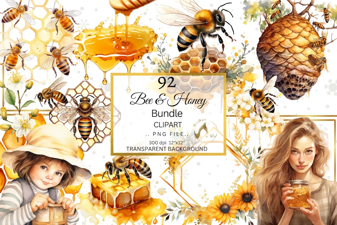 Watercolor Bees & Honey Clipart Bundle, Garden Bees and Honeycomb Clip ...
