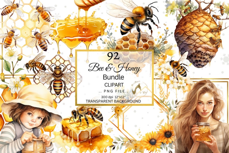 Watercolor Bees & Honey Clipart Bundle, Garden Bees and Honeycomb Clip ...