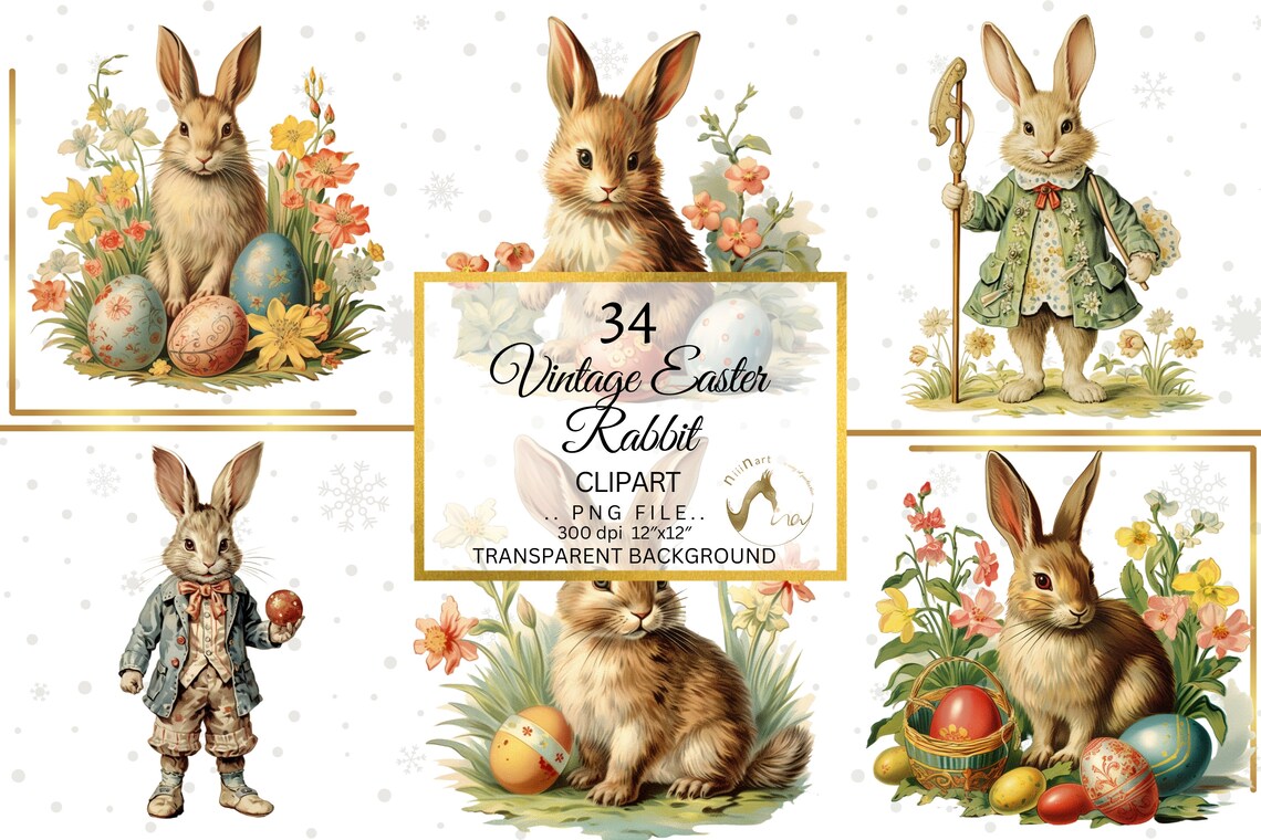 Easter Bunny With Flowers Vintage Clipart Bundle Cute Rabbit ...