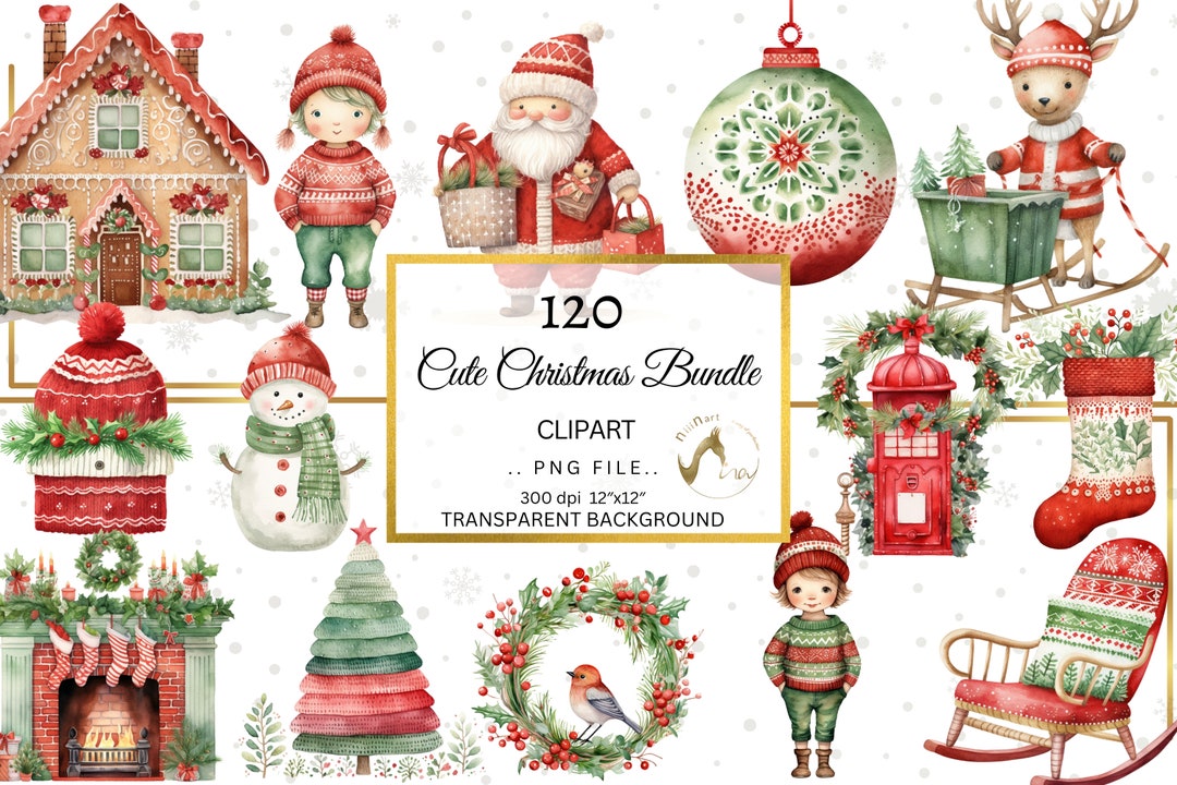 Watercolor Christmas Clipart PNG Bundle, Big Bundle Christmas Clipart ...