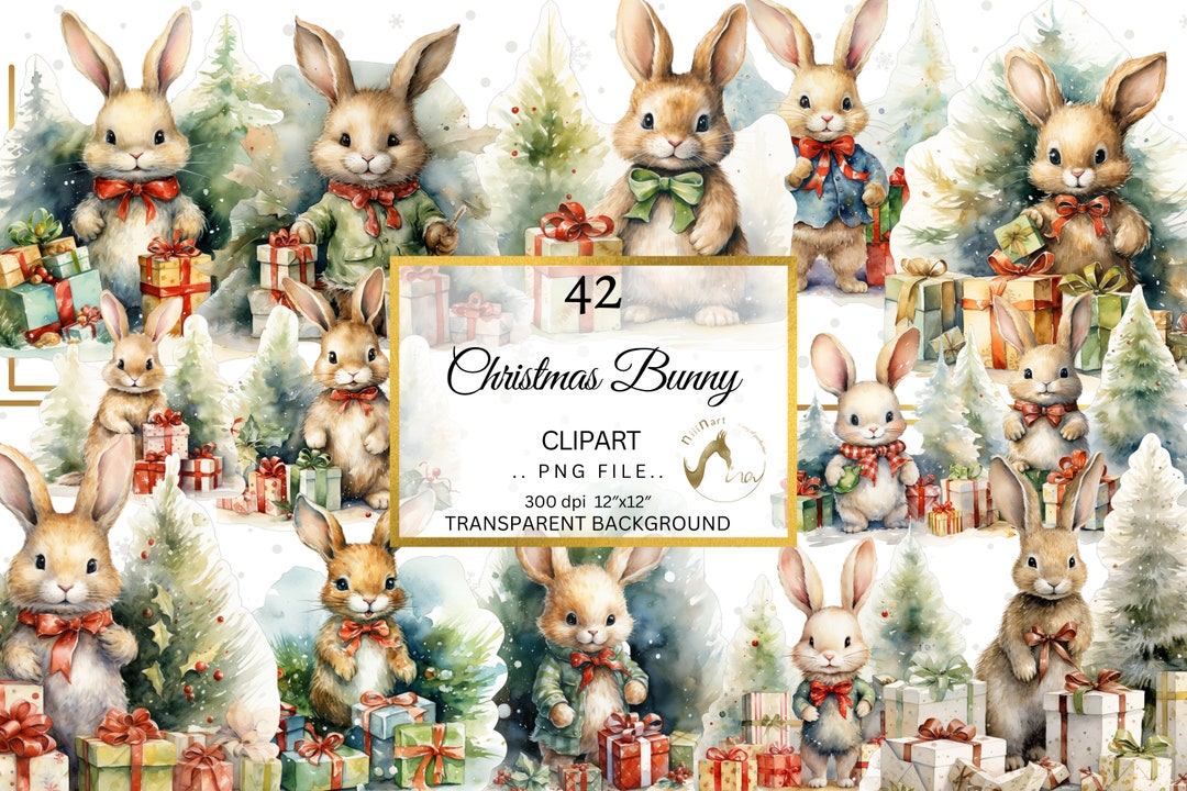 Christmas Bunny Rabbit PNG Clipart - Winter Watercolor Bundle - Perfect ...