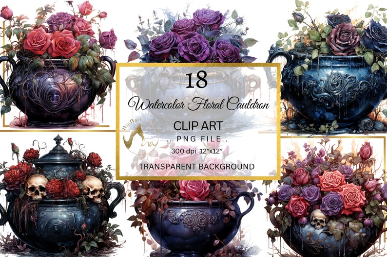 Watercolor Cauldron Clipart, Floral Witch PNG Graphics (digital ...
