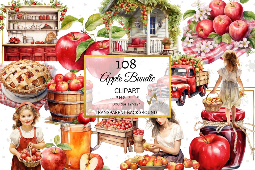 Watercolor Apple Clipart Bundle, Orchard Harvest Graphics (PNG) - Etsy