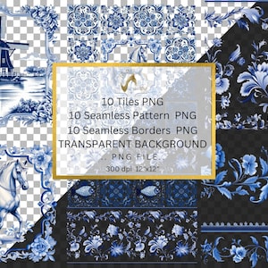 Watercolor Delft Tiles Delft Seamless Patterns Borders and Delft ...
