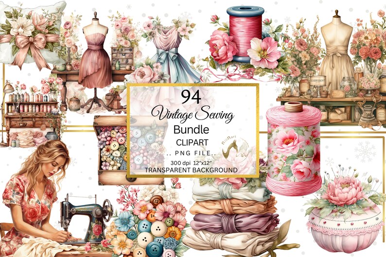 Watercolor Sewing Clipart, Shabby Chic Cottagecore PNG (digital ...