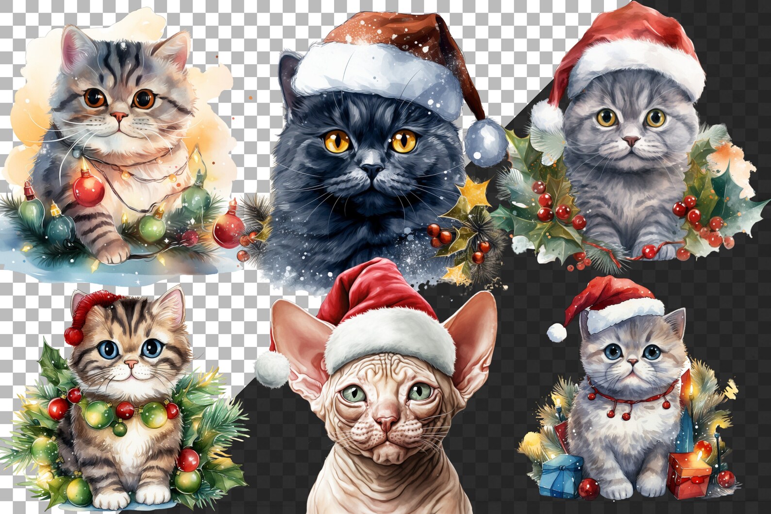 Christmas Cats Clipart Bundle, Cat Breeds Watercolor Clipart, Cat ...