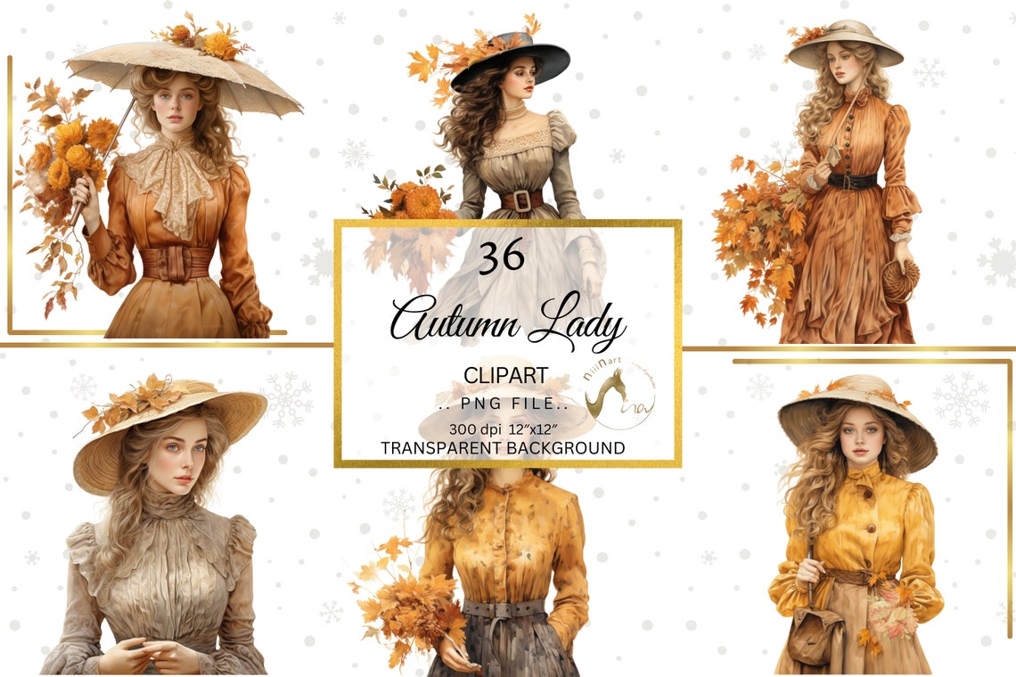 Victorian Autumn Lady Clipart Bundle, Floral Watercolor PNG (digital ...