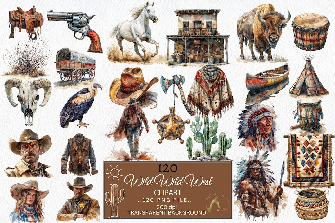 Watercolor Wild West Clipart, Watercolor Western Clipart Bundle, Cowboy ...
