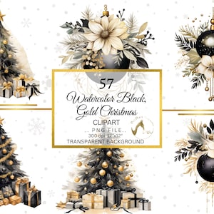 Black & Gold Christmas PNG Clipart Bundle Watercolor Black and Gold ...