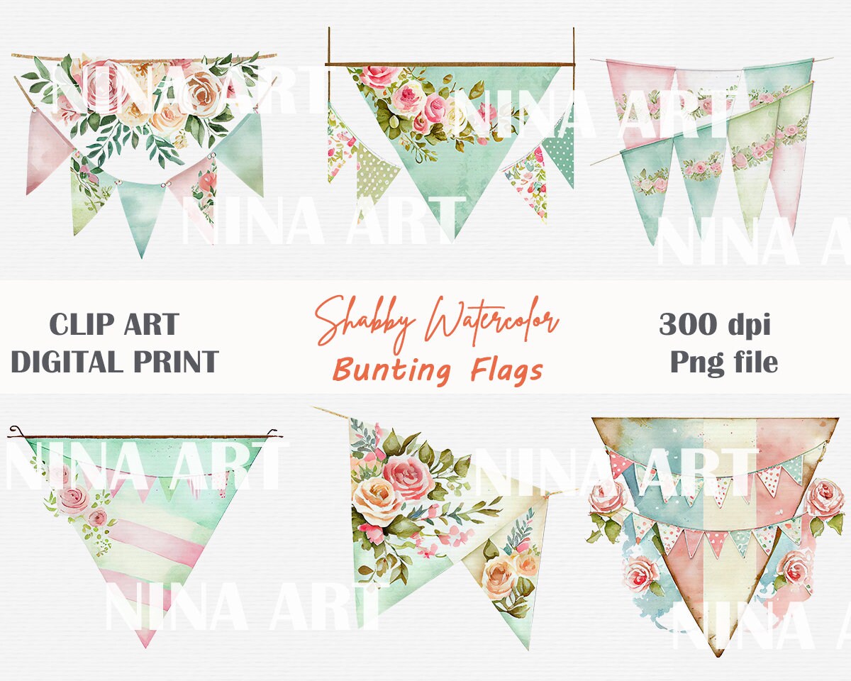 Shabby Chic Watercolor Bunting Flags Clipart Flags and - Etsy