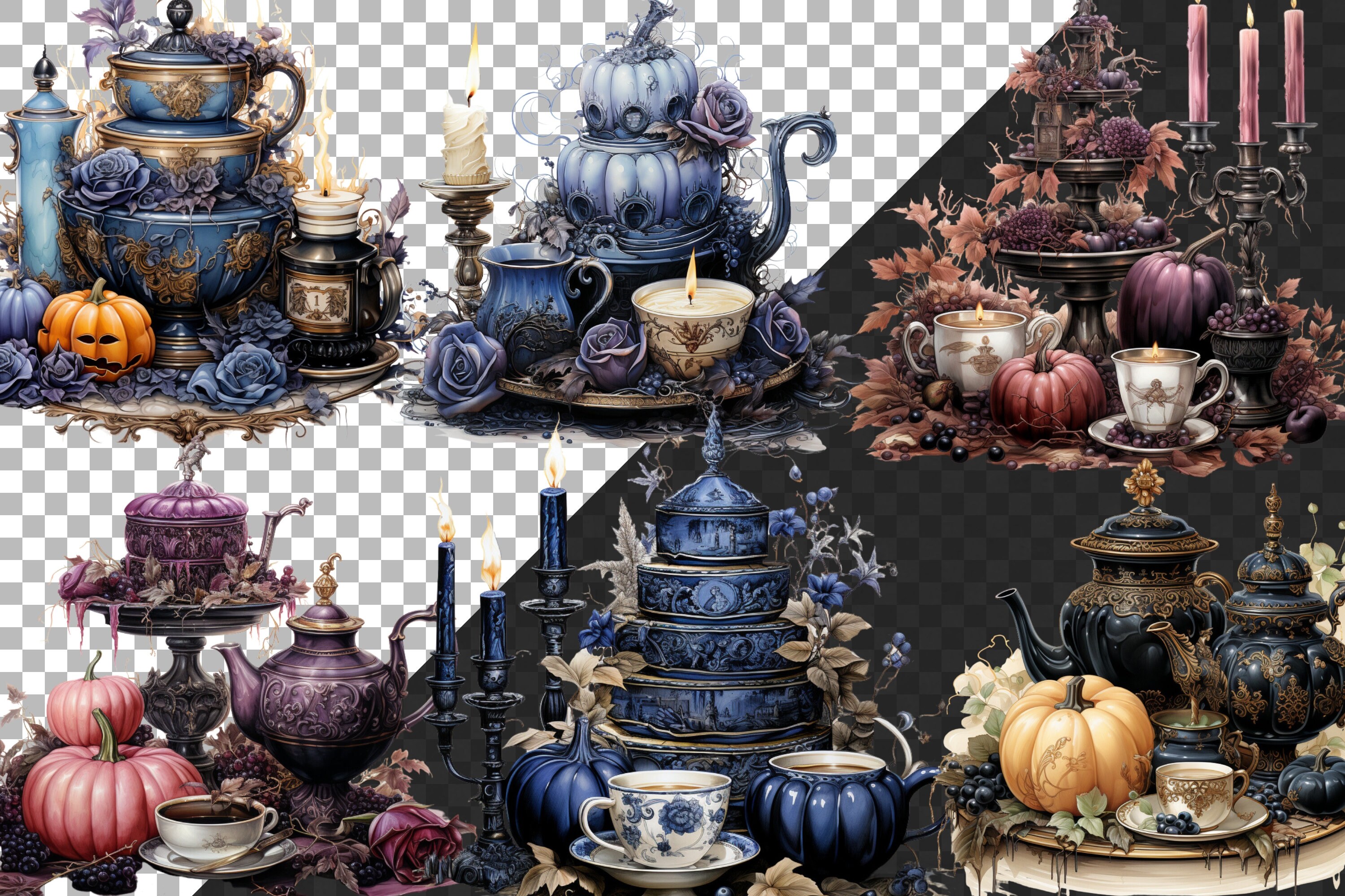 Halloween Tea Party Clipart Floral Tea Set Tea Pot Clipart - Etsy