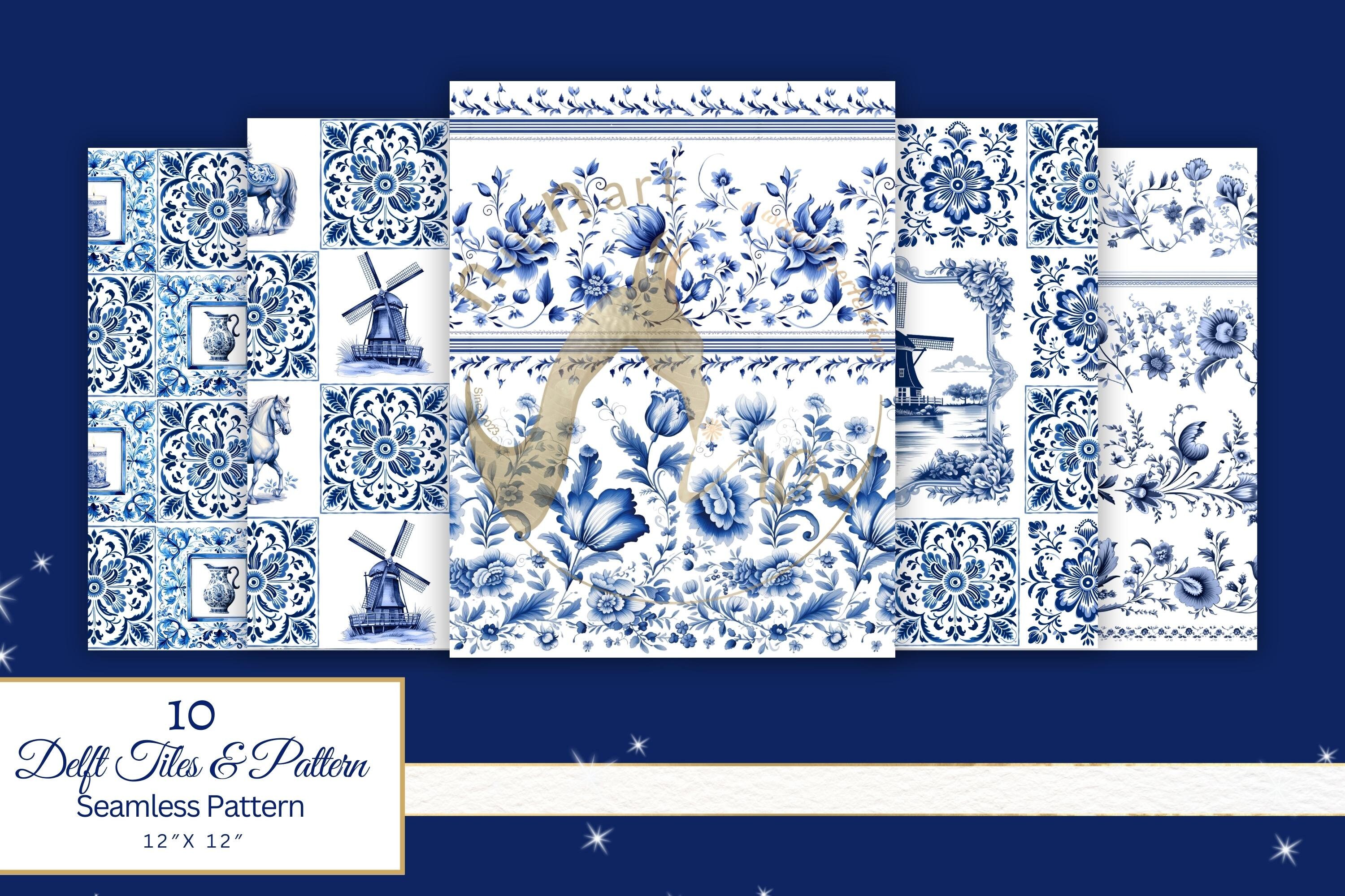 Watercolor Delft Tiles Delft Seamless Patterns Borders and Delft ...
