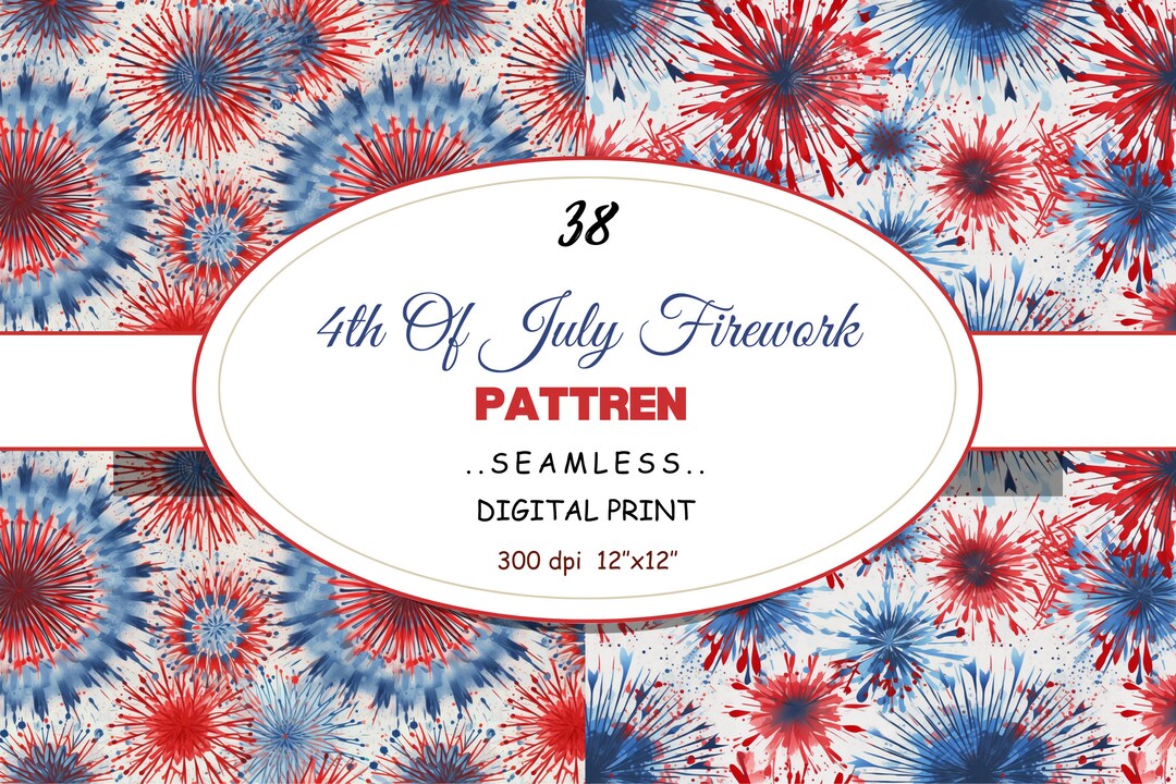 4th of July Fireworks Seamless Digital Paper, Blue and Red Fireworks ...