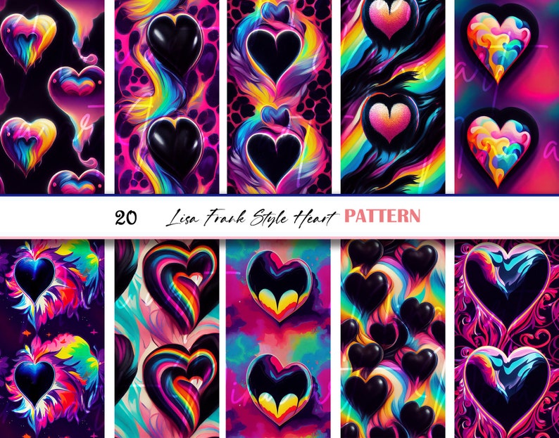 Lisa Frank Style Heart Digital Paper, Black Rainbow Pattern (commercial ...