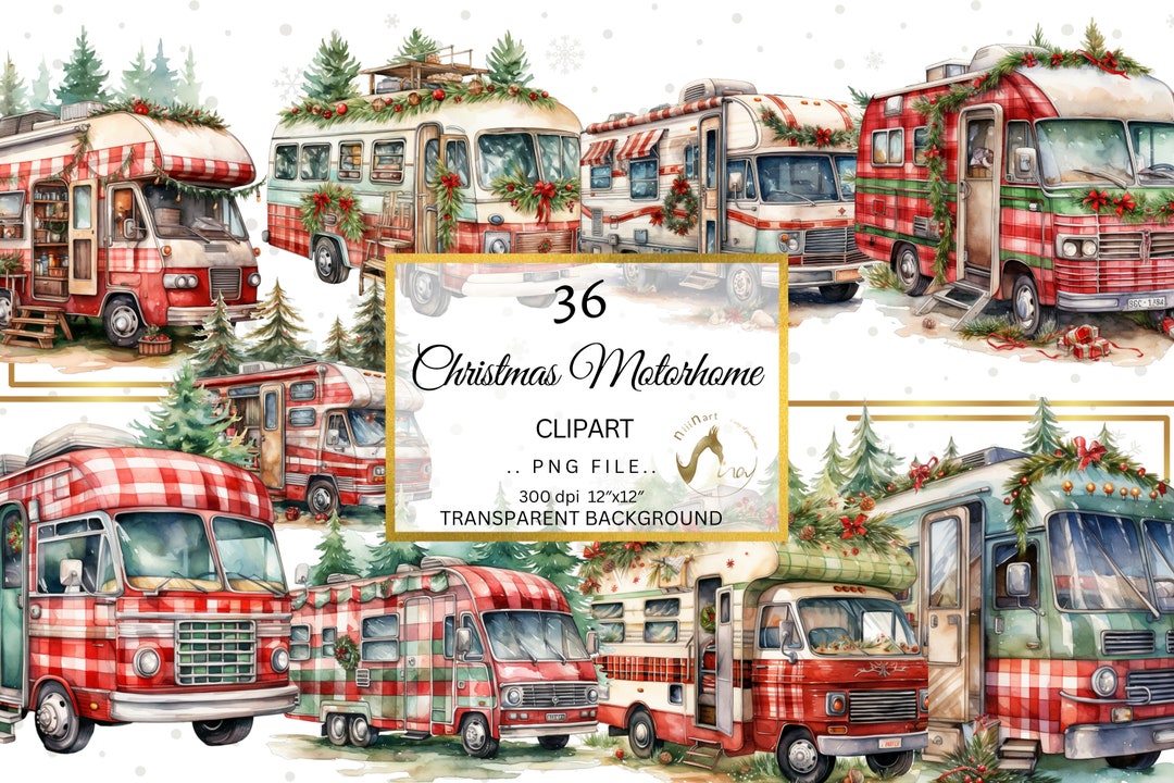 Christmas Motorhome RV Retro Clipart Bundle, Vintage Camper, Watercolor ...