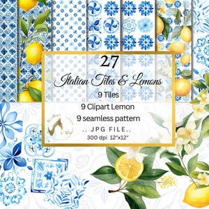 Blue and White Italian Watercolor Tile and Lemons Digital Scrapbook ...